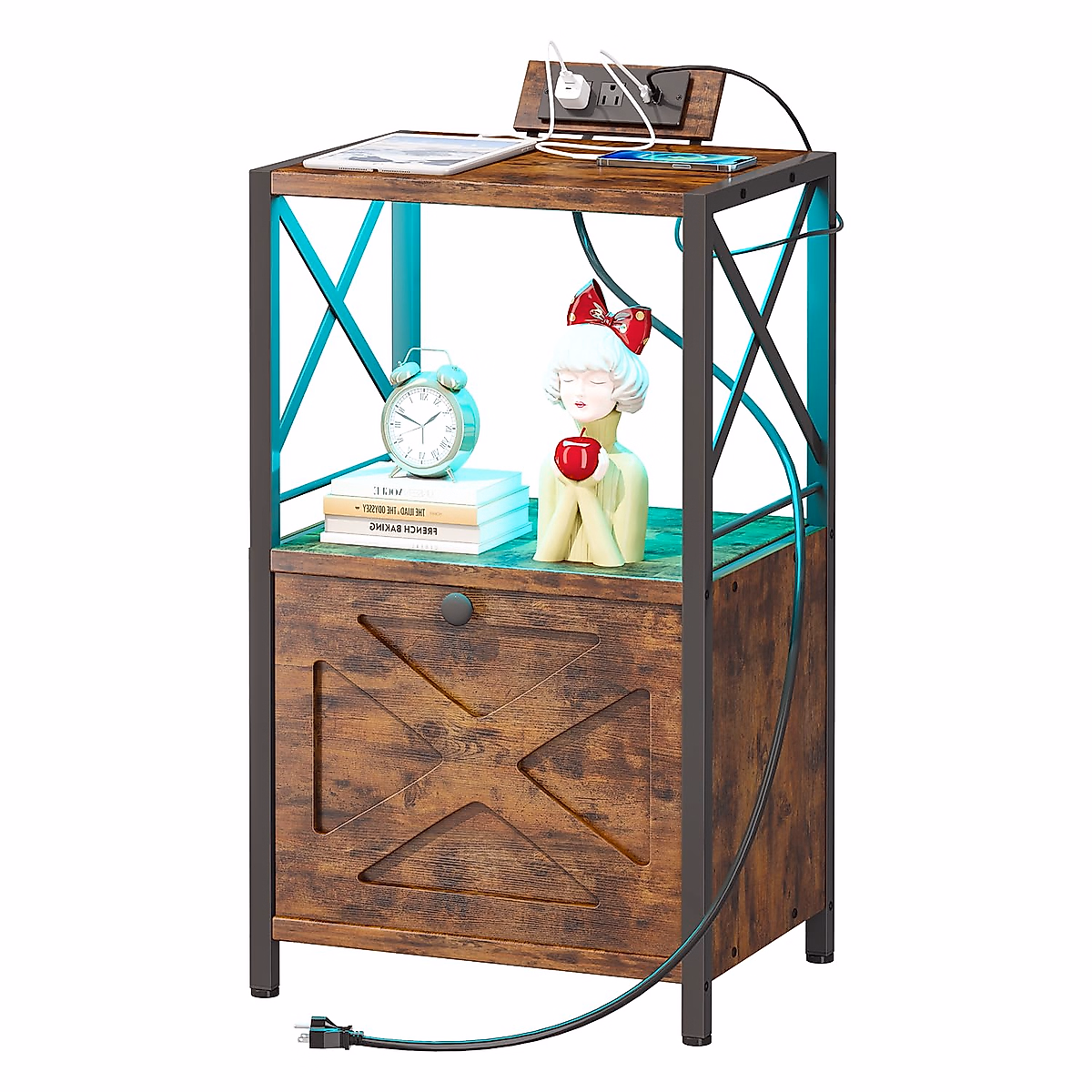 Homeiju Nightstand with Charging Station and LED Light, End Table with Large Drawers and Open Shelf, Side Table with USB Ports and Outlets, Bed Stand End Table for Bedroom, Rustic Brown