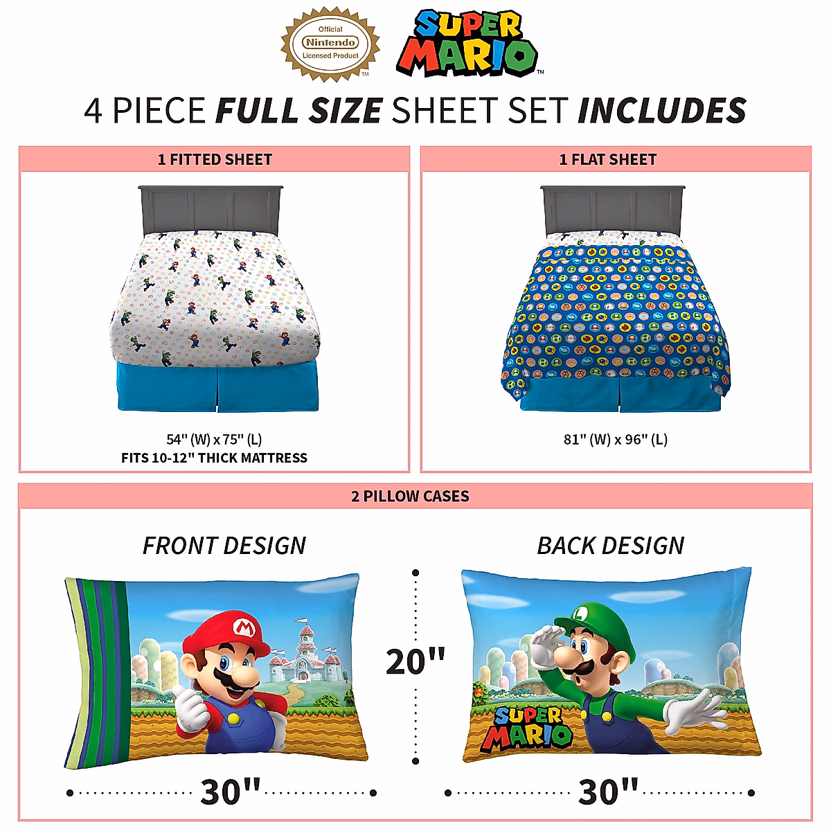 Franco Kids Bedding Super Soft Microfiber Sheet Set, Full, Mario