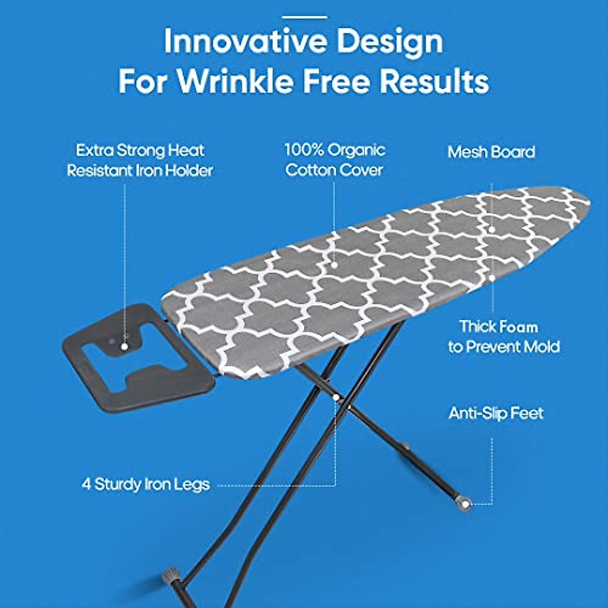 TIDY ZEBRA Compact Ironing Board Full Size European Made – ULTRA THICK PADDED FOAM AVOIDS MOLD - Organic 100% Cotton Ironing Boards Covers - Sturdy Lightweight Iron table, Bonus Iron Board Cover 13x43