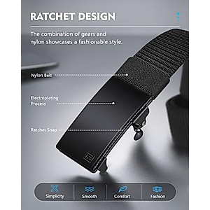 FAIRWIN Men's Ratchet Web Belt,1.25 inch Nylon Web Automatic Slide Buckle Belt - No Holes and Invisible Belt Tail Web Belt for Men (Black, 28-34)