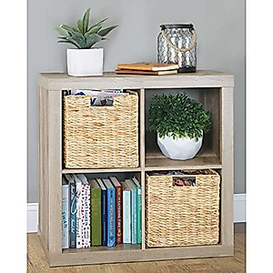 mDesign Natural Woven Hyacinth Cube Bin Basket Organizer with Handles, Storage for Bedroom, Home Office, Bathroom, Shelf and Cubby Organization, Hold Blankets, Magazines, Books, 4 Pack, Natural/Tan