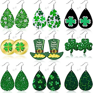 9 Pairs St Patrick's Day Pairs Faux Leather Earrings for Women Lightweight Leaf Long Dangle Earrings Teardrop Earrings