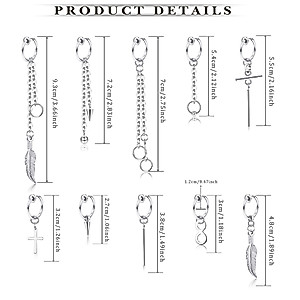 Magitaco 10 Pieces Hoop Dangle Earrings for Men Women Clip On Earrings Non Piercing Stainless Steel Dangle Hinged Hoop Earrings Long Chain Pendant Earrings Silver Kpop Earrings