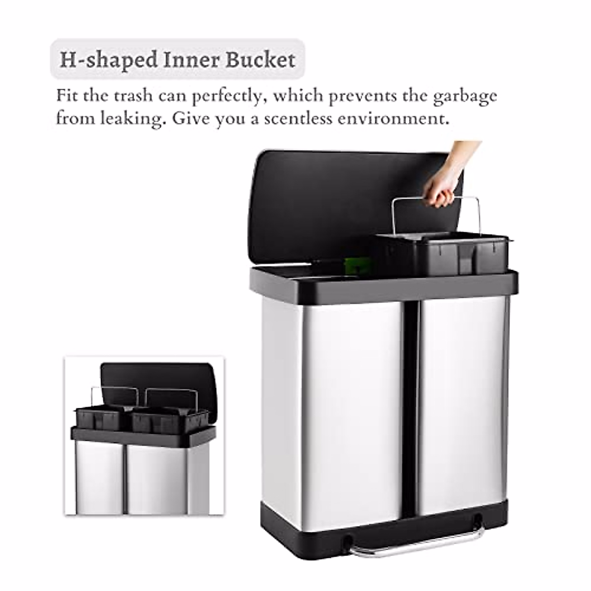 Arlopu 16 Gallon Dual Trash Can, 60L Stainless Steel Kitchen Garbage Can, Step-on Classified Recycle Garbage Bin with Removable Inner Buckets, for Kitchen, Living Room, Office, Silver (2x30L)