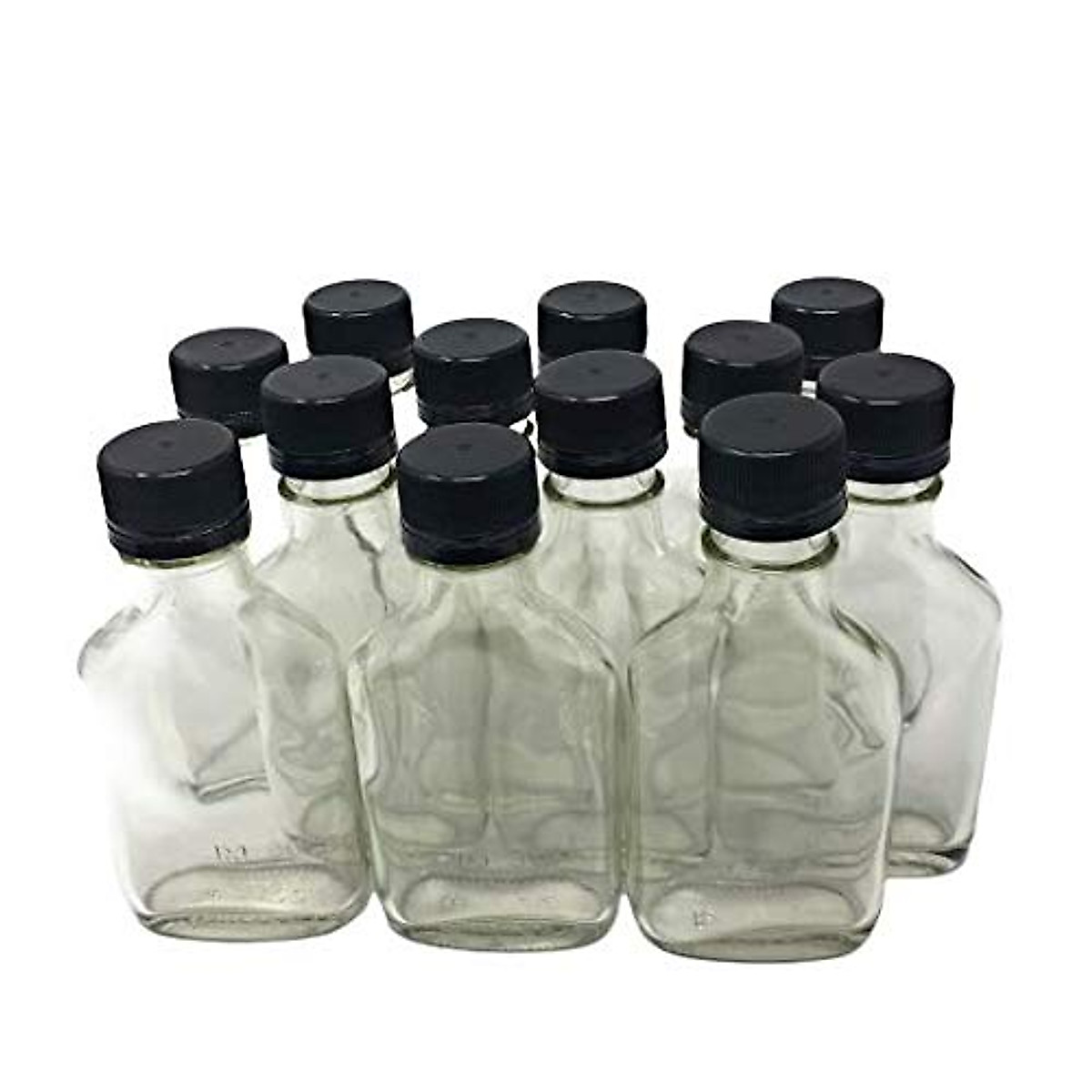 100 ml (3.3 oz) Glass Flask Liquor Bottle with Black Caps (12 Pack)