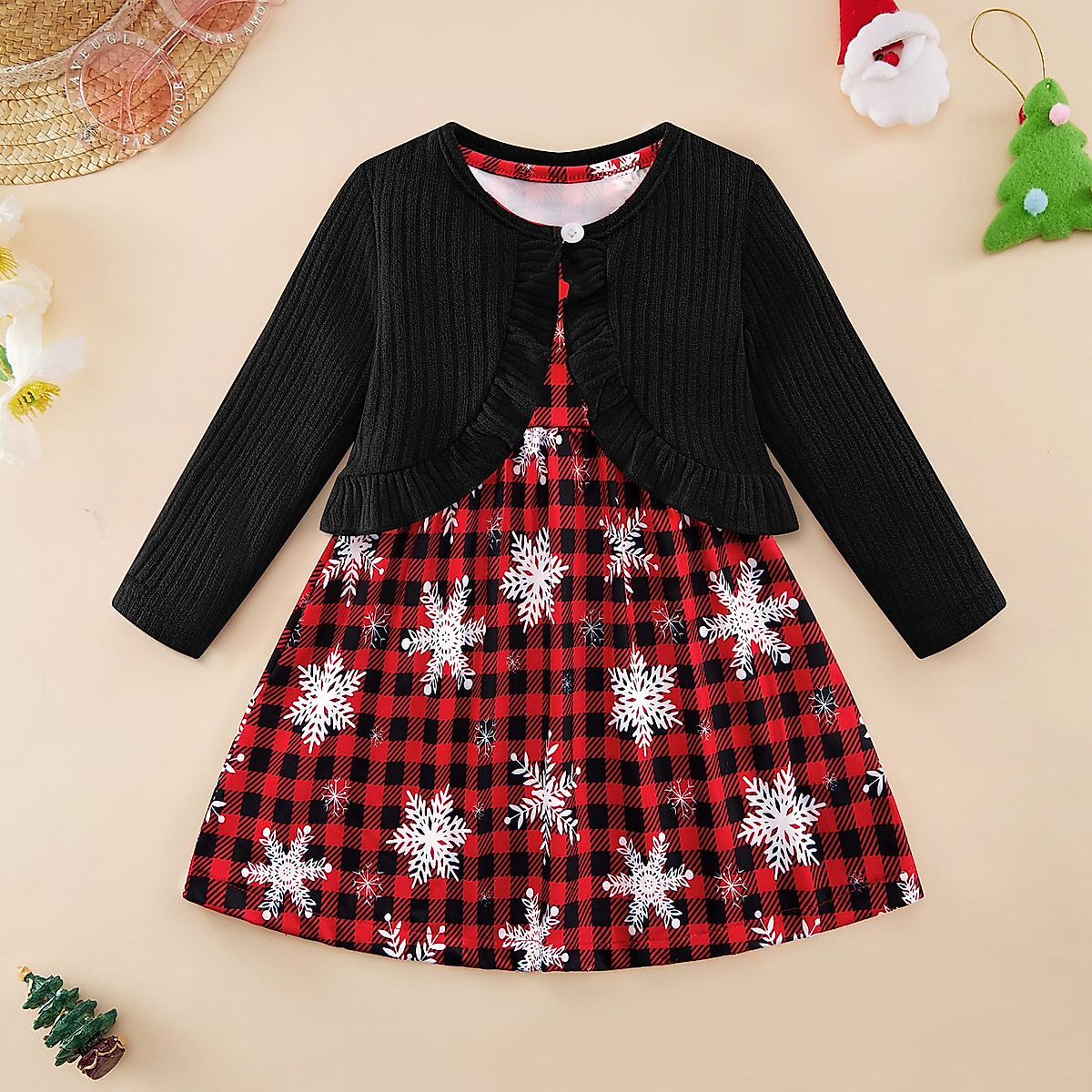 Baby Girl Holiday Dress Outfit Christmas Clothes Set Toddler Christmas Print Plaid Tank Dress and Red Ruffle Cardigan 4-5 Years