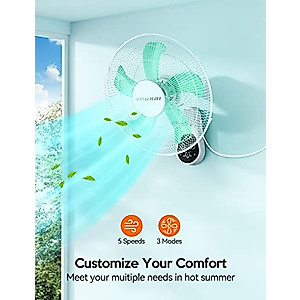 VAGKRI Wall Mount Fan, 16 Inch Wall Fan with 5 Blades, 5 Speeds, 8 Hour Timer, 90° Oscillating Quiet Fan with Remote for Home Office Bedroom Living Room Garage