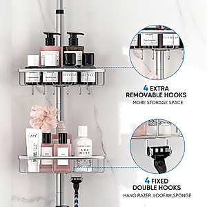 ATKEEN Corner Shower Caddy Tension Pole: Rustproof Shower Organizer with 4 Tier Adjustable Shelves for Bathroom Bathtub Shampoo Storage Holder-Floor Standing Bath Rack