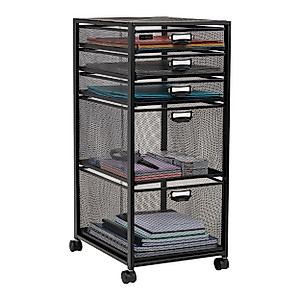 MIND READER Rolling File Cabinet with Drawers [5 Drawers] Craft Cart Organizer with Wheels, Slim Storage for Makeup, Kitchen, Utilities, Office Supplies, and Tools (BLACK MESH)
