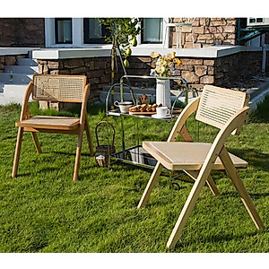Folding Dining Chairs Set of 2, Foldable Wood Kitchen Chairs 100% Real Rattan Woven Seat and Back,Handmade for Living Room Bedroom, Garden Balcony, Easy Installation (Black)