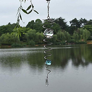 UOUDIO Gazing Ball Spiral Tail Wind Spinner StabilizeGr，Indoor Outdoor Decoration Stainless Steel Crystal Glass Ball with Hanging Swivel Hook 13" inch (Light Blue)