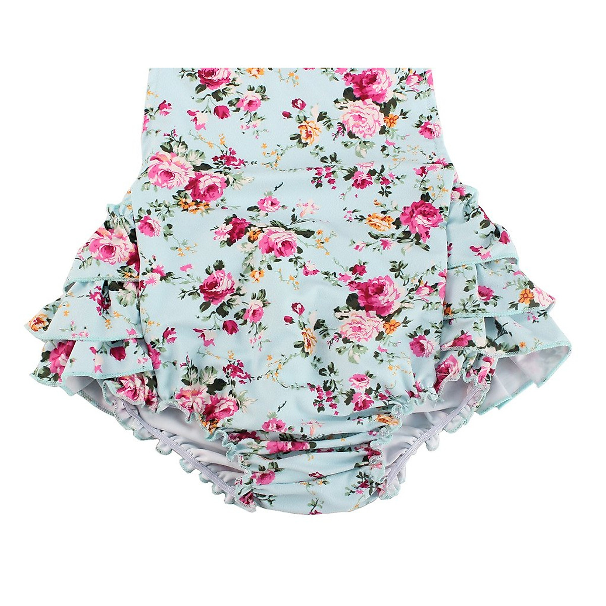 China Rose 50's Floral Ruffles Rompers Backless Dress Bathing Suit Swimwear (0-12 Months, Light Blue)