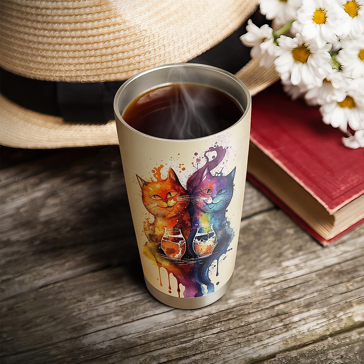 20oz Colorful Painting Cat Tumbler, Gifts for Cat Lovers, Coffee Thermos for Women, Men, Stainless Steel Double Wall Vacuum Insulated Coffee Mug, Travel Cup with Lid