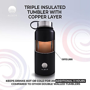 Albor 32 oz Insulated Water Bottle With Chug Lid and Straw, Plus Carry Lid for Travel, Leak Proof Stainless Steel Water Bottle for Gym and Travel (Black)