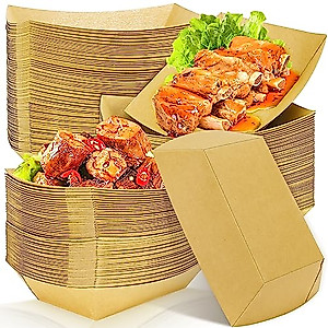Cmkura 150 Pack Kraft Food Trays, 2 LB Paper Food Boats, Disposable Brown Paperboard Serving Baskets for Grease Resistant Fast Food, Hot Dog Nacho and Party Snack Holder