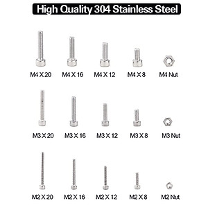 Hilitchi 510-Piece M2 M3 M4 Stainless Steel Hex Socket Head Cap Screws Nuts Assortment Kit with Box - 304 Stainless Steel