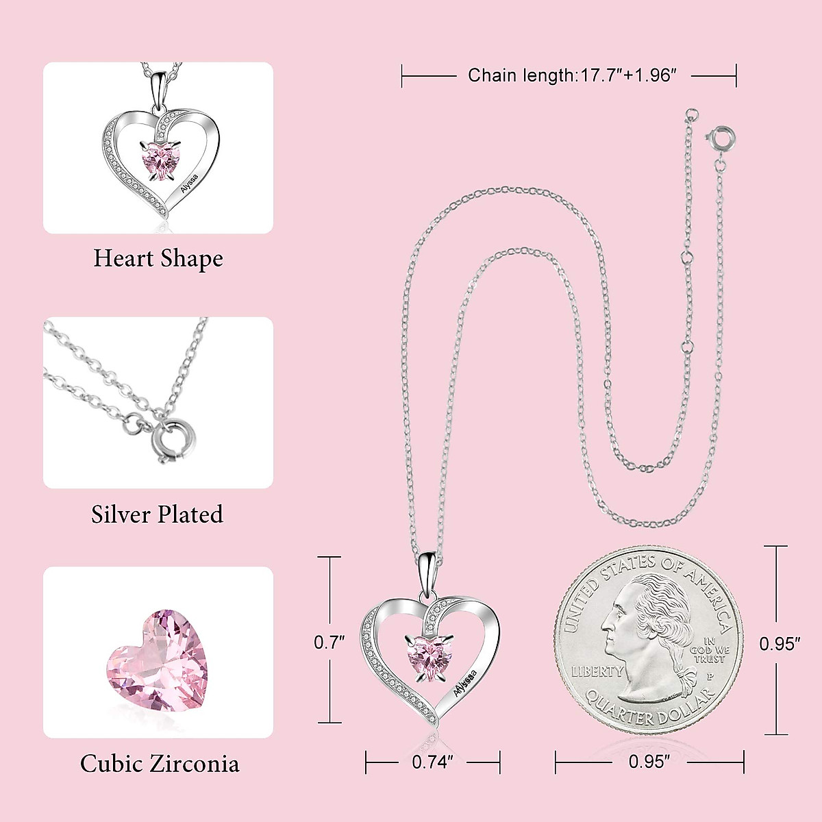 Gemszoo Personalized Names Heart Necklace with Simulated Birthstone Pendant Necklace for Women Mother (1 Name)