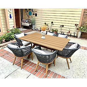 PURPLE LEAF 7 Pieces Patio Dining Set Wicker Outdoor Furniture Rectangular Table and Chairs Set for Garden Deck Teak-Finish Aluminum Frame Backyard Kitchen Set, Cushions and Pillows Included