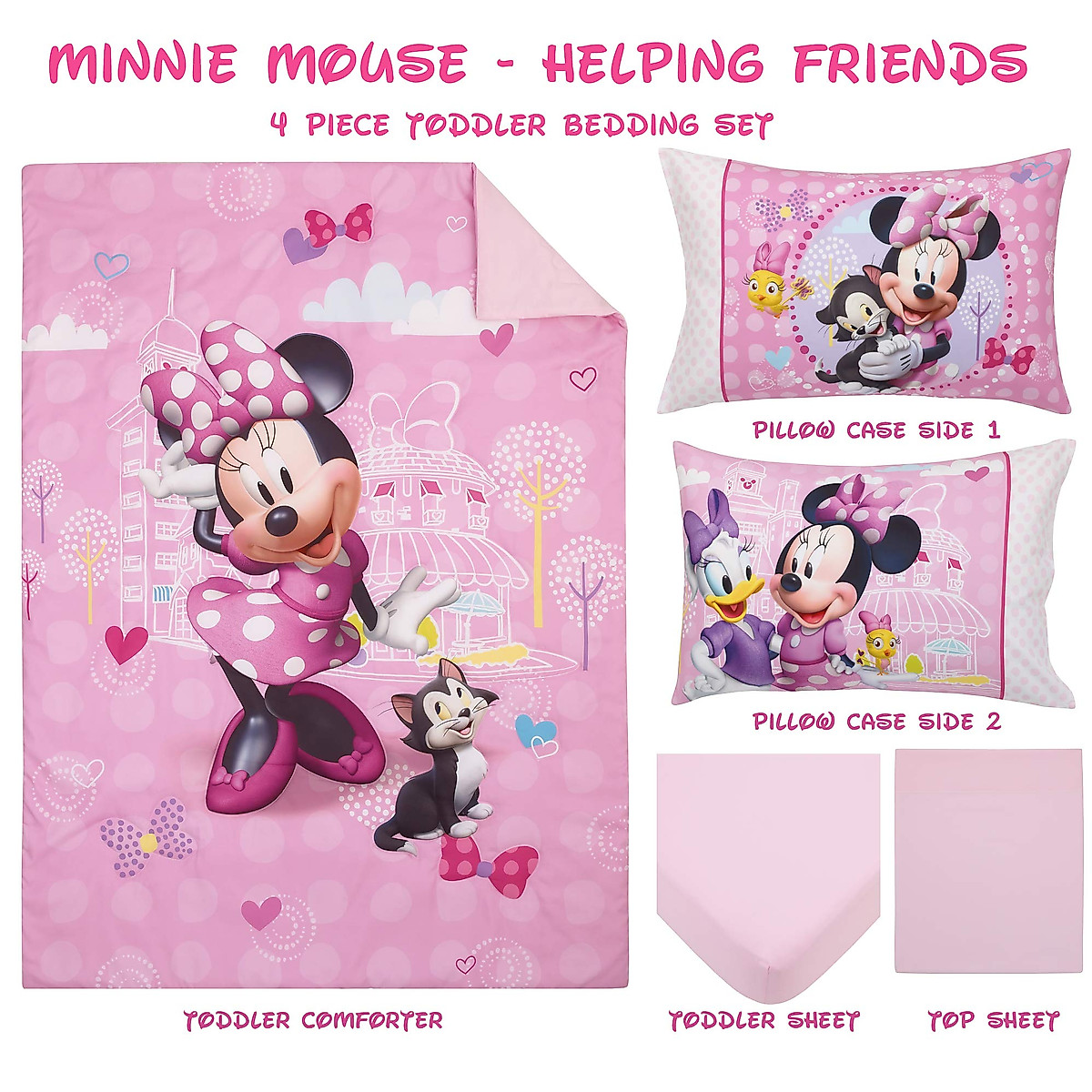 Disney Minnie Mouse Helping Friends 4 Piece Toddler Bedding set - Fitted Sheet, Pillow Case, Top Sheet, and Comforter Quilt - Pink