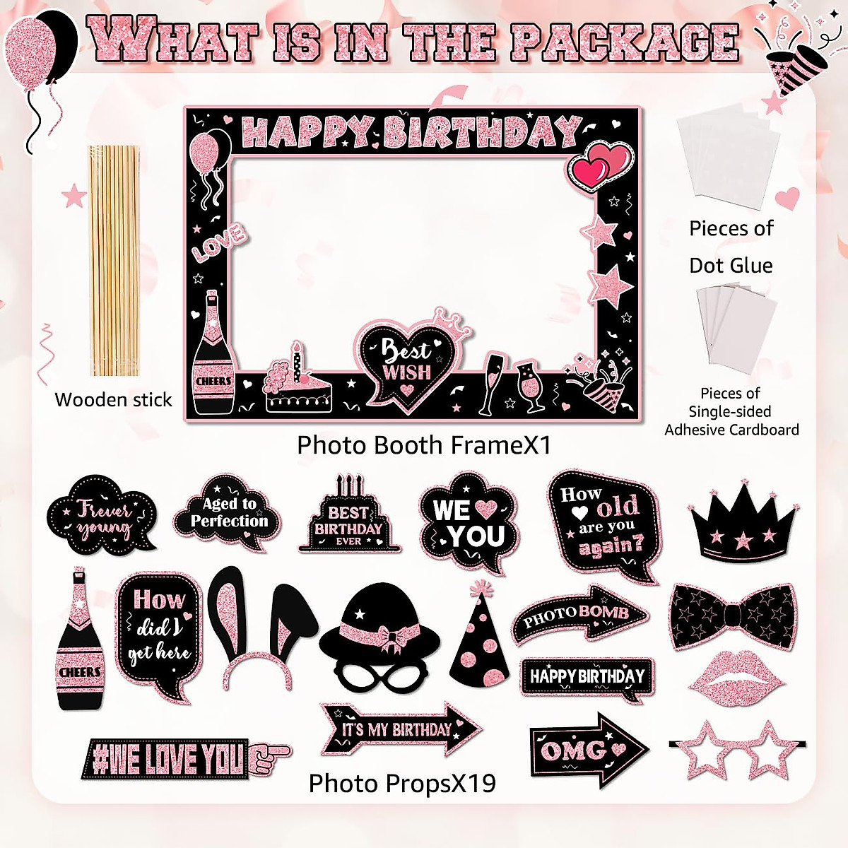 Rose Gold Birthday Party Decorations - Happy Birthday Booth Props & Frame