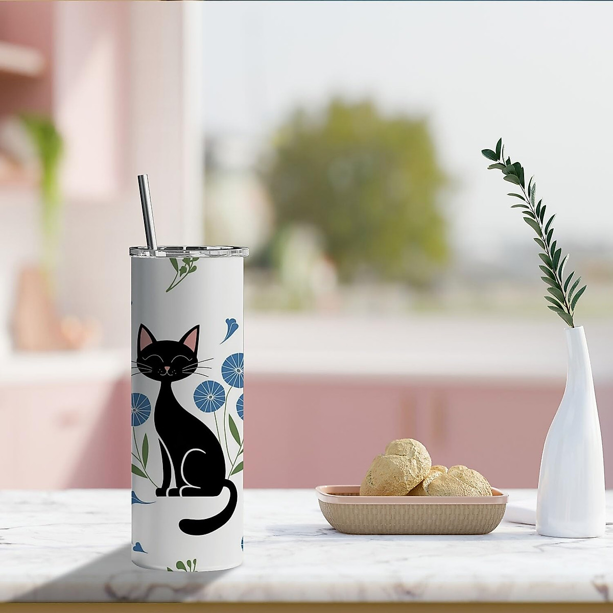 Medpol Cute black cat tumbler with lid and straw 20 oz insulated tumbler cups Cute black cat insulated travel coffee mugs for women cute sippy cups stainless insulated travel cups