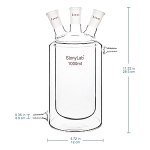 stonylab Jacketed Reaction Flask, Flat Bottom Double Layer Reaction Vessel with Three 24/40 Standard Joints, 1000 ml