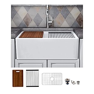 MEJE #KS 30x20 inch Apron-front Step Rim Workstation Farmhouse Kitchen Sink,Ceramic Single Bowl with Cutting Board,Grid & Strainer - White