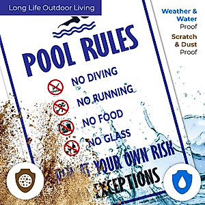 Pool Rules Sign, No Diving No Running No Food No Glass, 10x14 Inches, Rust Free .040 Aluminum, Fade Resistant, Made in USA by Sigo Signs