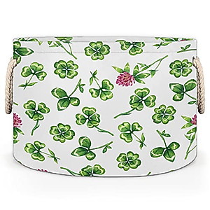 St. Patrick's Day Green Clover Leaves (06) Large Round Baskets for Storage Laundry Baskets with Handles Blanket Storage Basket for Bathroom Shelves Bins for Organizing Nursery Hamper Girl Boy