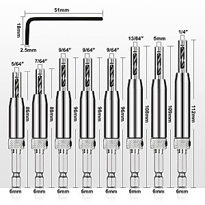 COMOWARE 17pcs VIX Bits Self Centering Drill Bit Set, 1/4" Hex Shank Self Centering Hinge Drill Bit Set for Woodworking Window Door Hinge, Quick Change with 1 Hex Key & 8 Drill Bits 5/64-1/4”