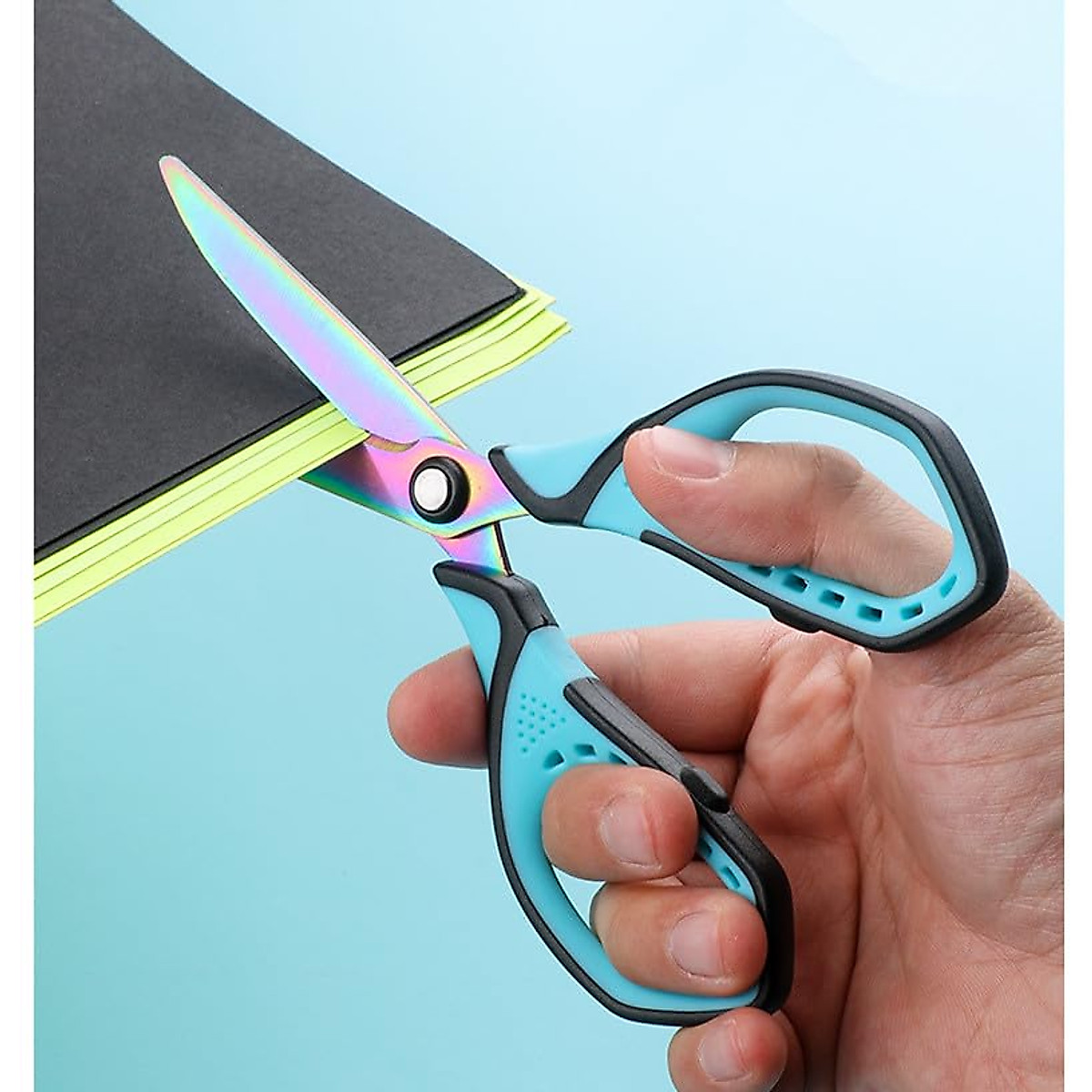 Colorful Titanium Non-Stick Scissors with Cover/Cap, All Purpose Fabric Sewing Scissors Office Craft Scissors SoftGrip Sharp Shears Cutter for Home School Supplies (Blue & Rainbow)