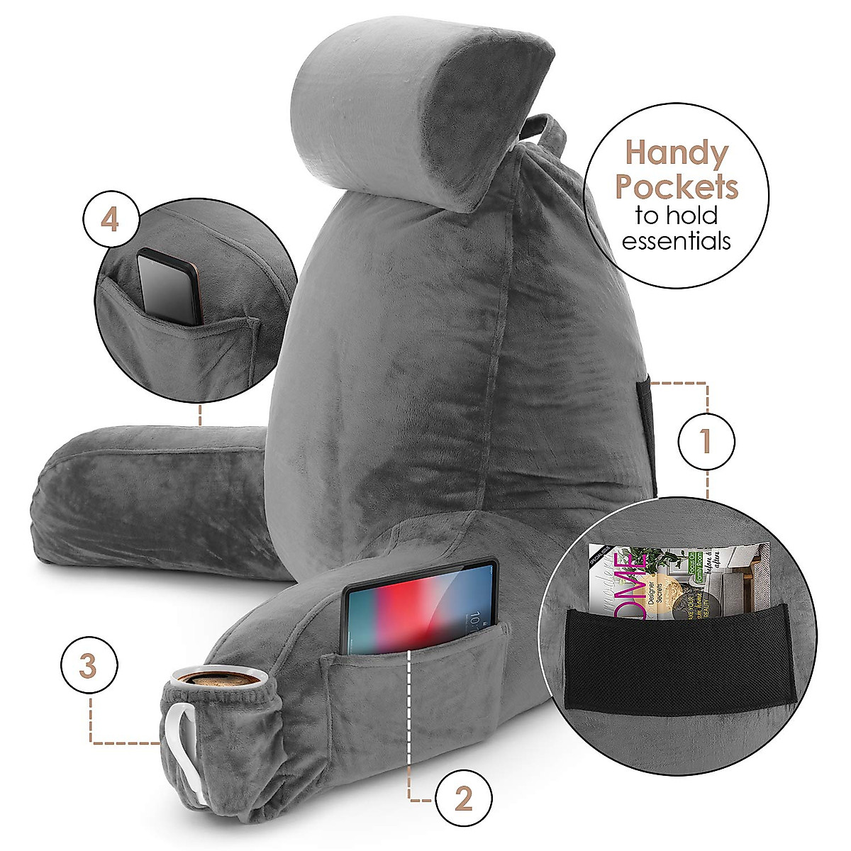 Nestl Reading Pillow with Portable Laptop Lap Desk, Velvet Feel Back Pillow for Sitting in Bed, Shredded Memory Foam Back Support Pillow for Bed, Bed Rest Pillow with Arms, Large - Gray