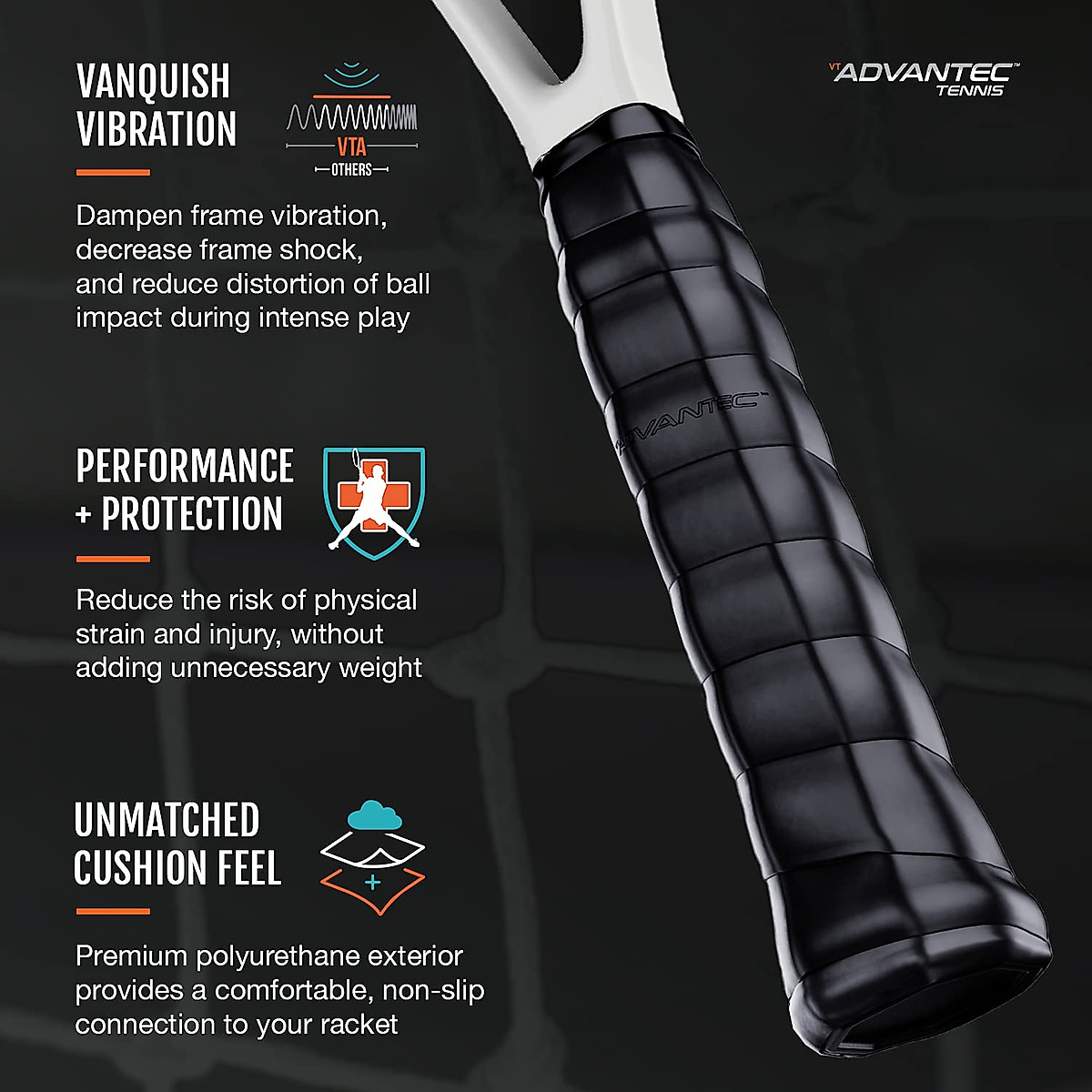 Vibration Dampening Tennis Racket Grip Tape – Advanced Polymer Technology – Dampens Frame Vibration – Simple Adhesive-Free Installation – Optimize Response and Control by VT Advantec