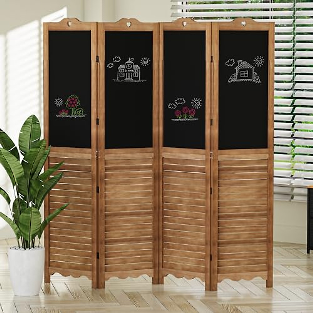 YITAHOME Wood Room Divider 4 Panel Folding Privacy Screens with Chalkboard, Freestanding Portable Privacy Screen Room Partition for Bedroom, Living Room, Study, Hotel, Office