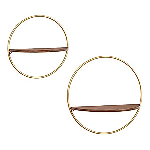 Kate and Laurel Maxfield Mid-Century Wall Shelf, Set of 2, Walnut and Gold, Chic Round Wall Decor for Storage and Display