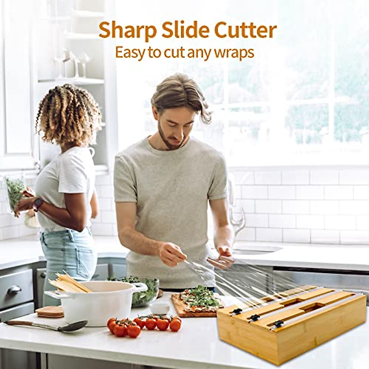 BGFOX 3 in 1 Plastic Wrap Organizer with Cutter and Labels, Natural Bamboo 12" Roll Aluminum Foil and Wax Paper Dispenser for Kitchen Storage Organization Holder