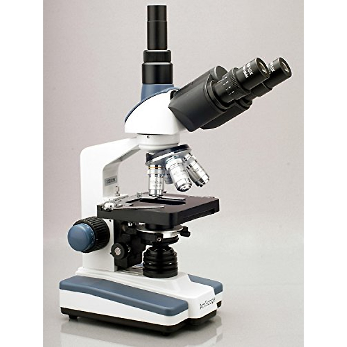 AmScope T120C Professional Siedentopf Trinocular Compound Microscope, 40X-2500X Magnification, WF10x and WF25x Eyepieces, Brightfield, LED Illumination, Abbe Condenser with Iris Diaphragm, Double-Layer Mechanical Stage, 100-240VAC
