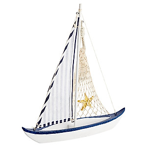 Juvale Sailboat Model Decoration - Wooden Sailing Boat Home Decor Set, Beach Nautical Design, Navy Blue and White with Ship's Wheel, 13 x 15 x 3 Inches