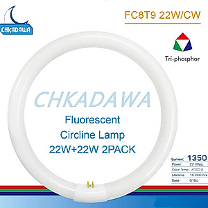 CHKADAWA FC8T9/CW Circular Fluorescent Light Bulb, 8 Inch Round T9 22W Circline Bulbs Replacement for Circle Ceiling Fixture, Cool White 4100K 1350 Lumens, G10q 4 Pin Base, 2 Pack