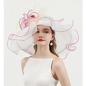 RZTA Women's Kentucky Derby Church Dress Hat Wide Brim Leaf Flower Bridal Shower Hat 01White,Pink