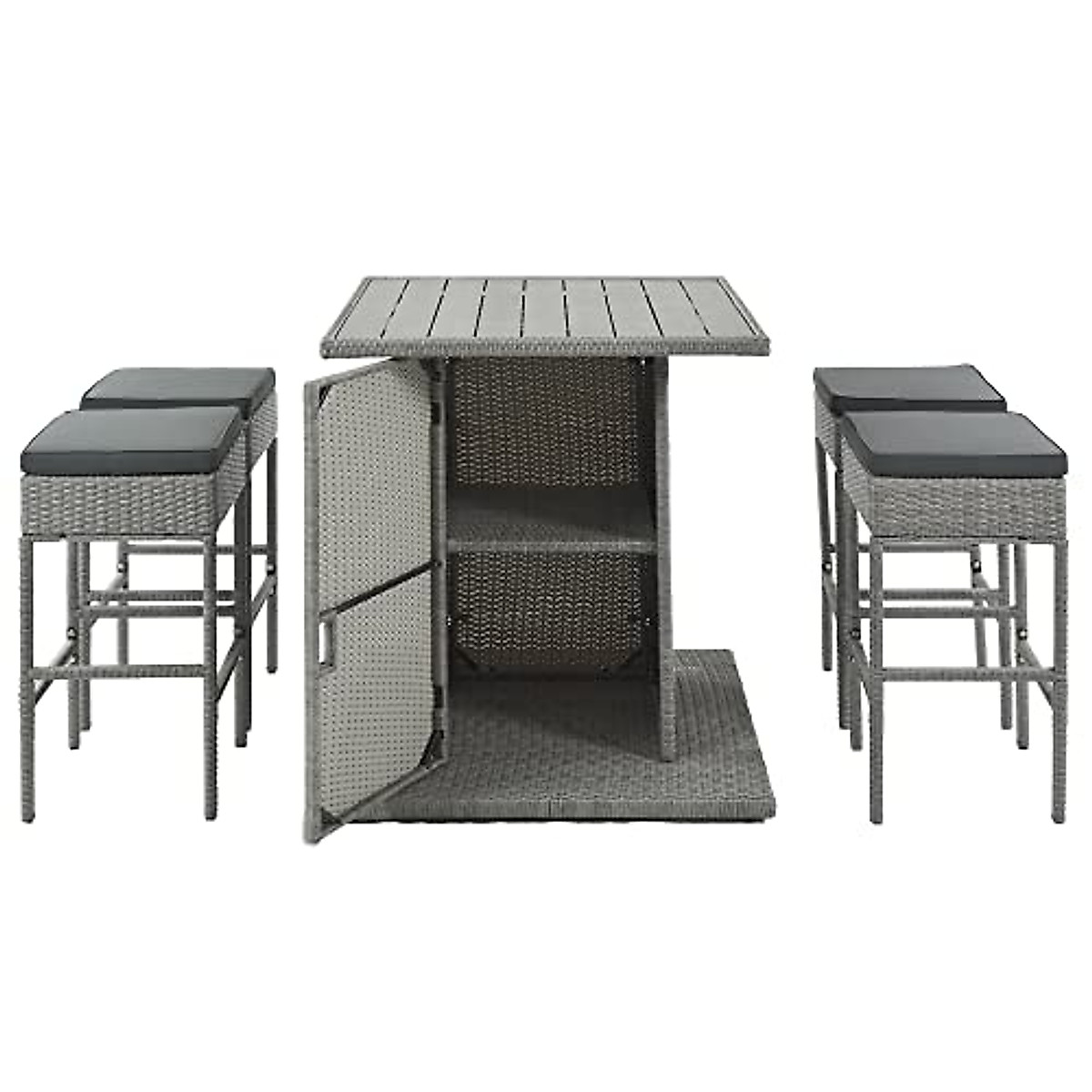LCH Counter Height Bistro, Outdoor 5-Piece PE Rattan Dining, Weather Square Kitchen Table with Storage Shelf and 4 Padded Stools, Grey, Patio Wicker Bar Set 1