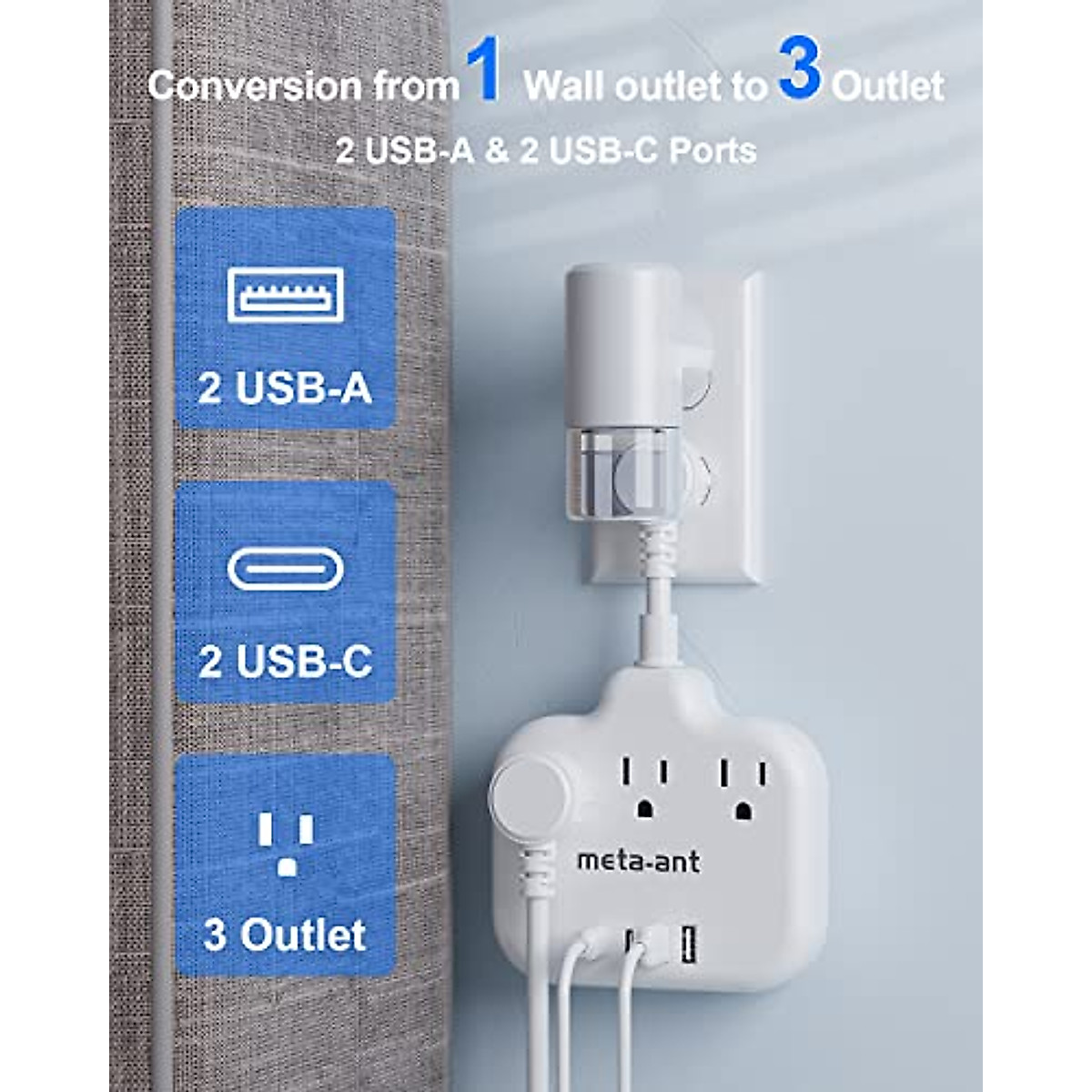 Multi Plug Outlet Splitter, 0.2ft Ultra-Short Cord Power Strip, 3 Outlets, 4 USB Ports, Multiple Outlet Extender, Non-Blocking, Non-Surge Protection for Cruise, Travel, Office, Dorm, Kitchen, White