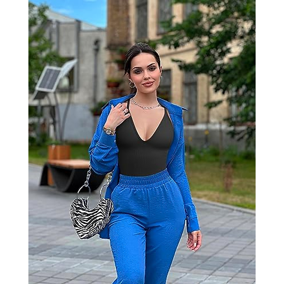 TOB Women's 3 Piece Bodysuits Sexy Ribbed V Neck Adjustable Spaghetti Strips Tops Bodysuits Black Grey Beige