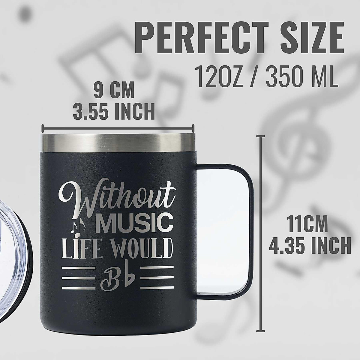 Onebttl Music Lover Gifts For Men, Male, Him - Without Music Life Would B Flat - 12 oz /350 ml Insulated Mugs with Lid - Musician Gifts, Musical Lovers Gift - (Black)