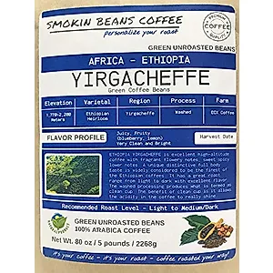 5 Pounds – African - Ethiopia Yirgacheffe - Unroasted Arabica Green Coffee Beans – Varietal Ethiopian Heirloom – Drying/Milling Process Washed SunDried – Unique Distinctive Taste - Includes Burlap Bag