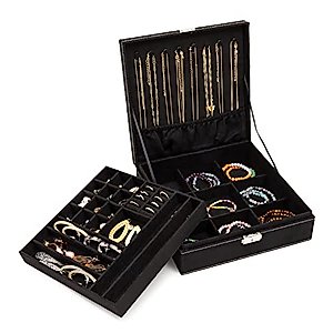 Black Jewelry Box with Lock and Key, 2 Layer Travel Display Case and Storage Organizer with Removable Tray for Earrings, Men, Girls, and Women (10.5x10.5x3.5 in)