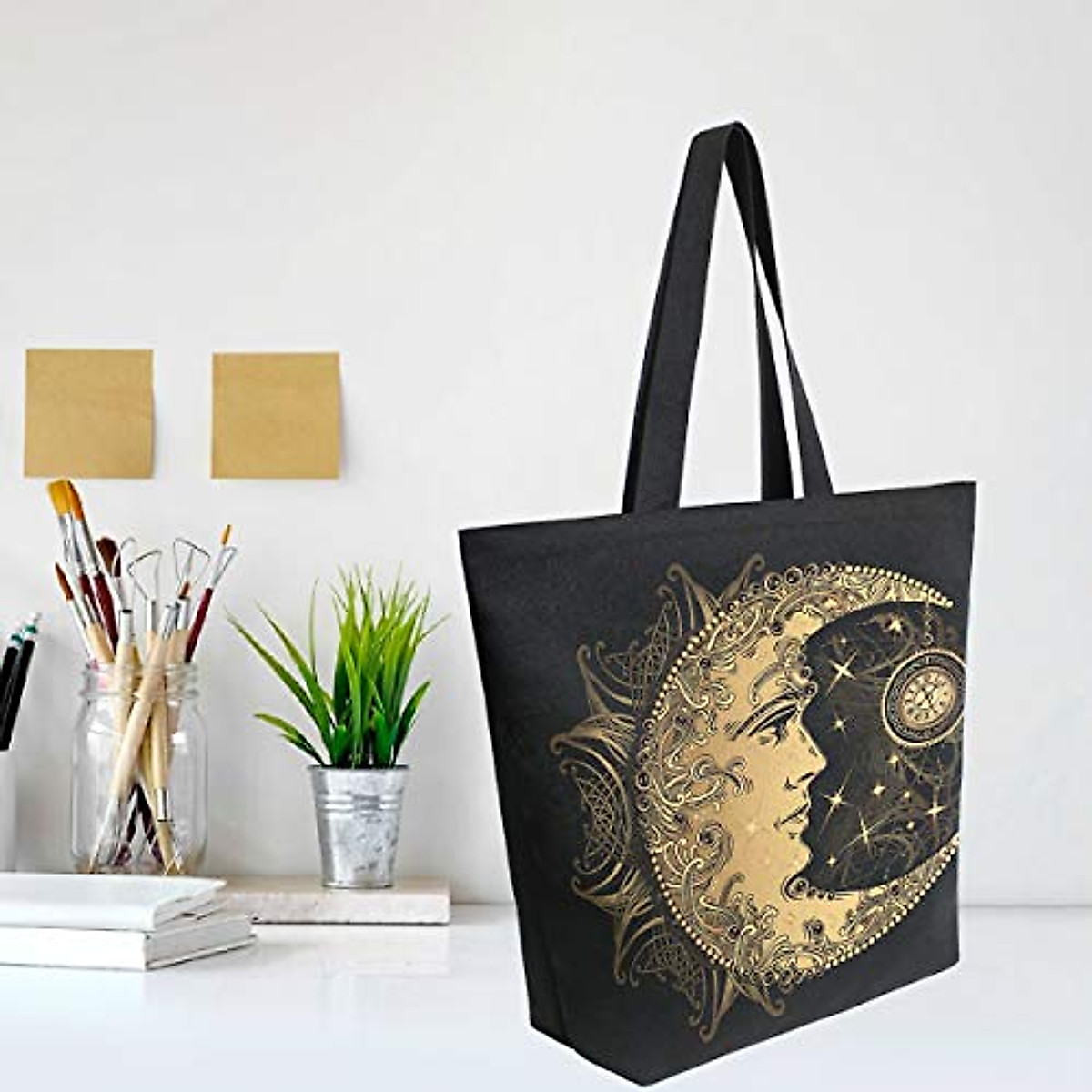 Boho Golden Moon Sun Extra Large Grocery Bag Reusable Canvas Tote Bag Casual Beach Shopping Tote Heavy Duty Washable Shoulder Bags Handbag