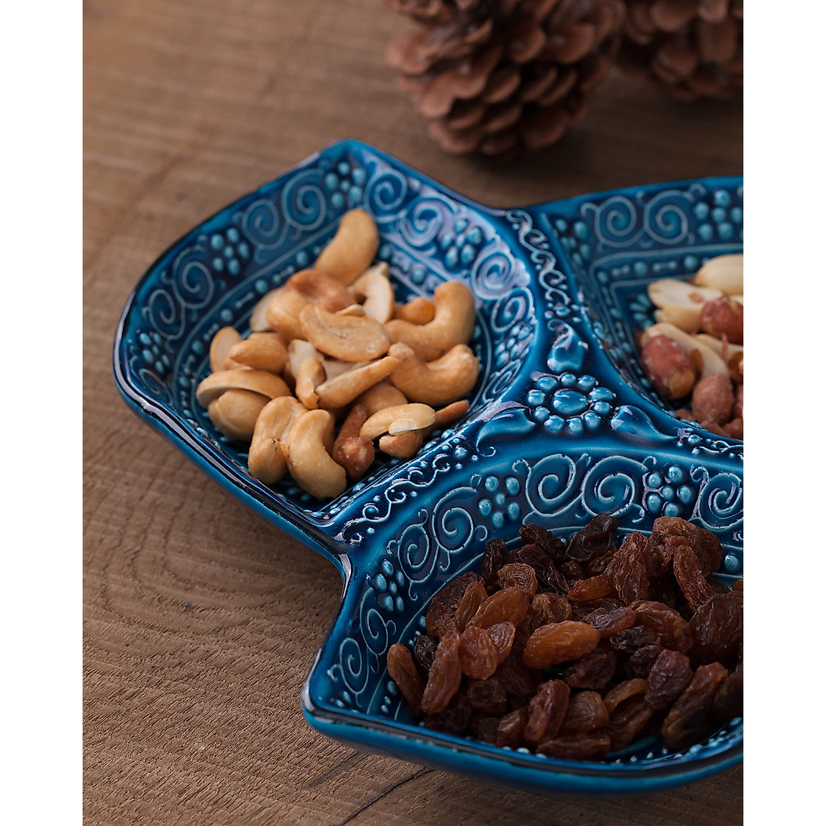 Lemose Leaf Shaped Decorative Ceramic Appetizer Plate - 3 Compartment Snack Tray Floral Pattern Serving Platter Cute Blue Divided Plates Embossed Dinnerware Bowls Dish for Fruits, Dips