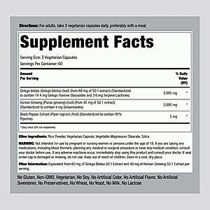 Piping Rock Panax Ginseng Capsules | 5000 mg | 120 Count | with Ginkgo Biloba | Vegetarian, Non-GMO, and Gluten Free Supplement