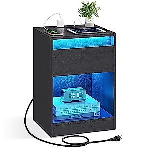 VASAGLE Nightstand with Charging Station, Side End Adjustable LED Lights, Bedside Table with Drawer 2 AC Outlets, 2 USB Ports, Modern, for Bedroom, 13.7" D x 15.7" W x 21.7" H, Black